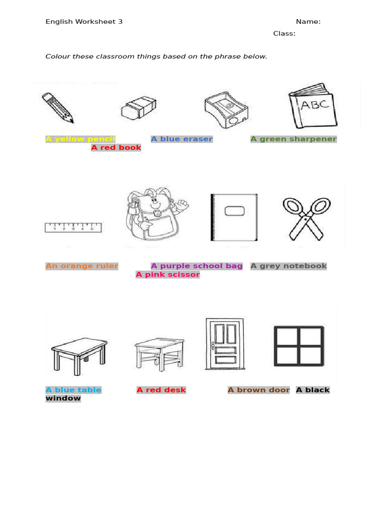 Classroom Objects Coloring Worksheet | PDF
