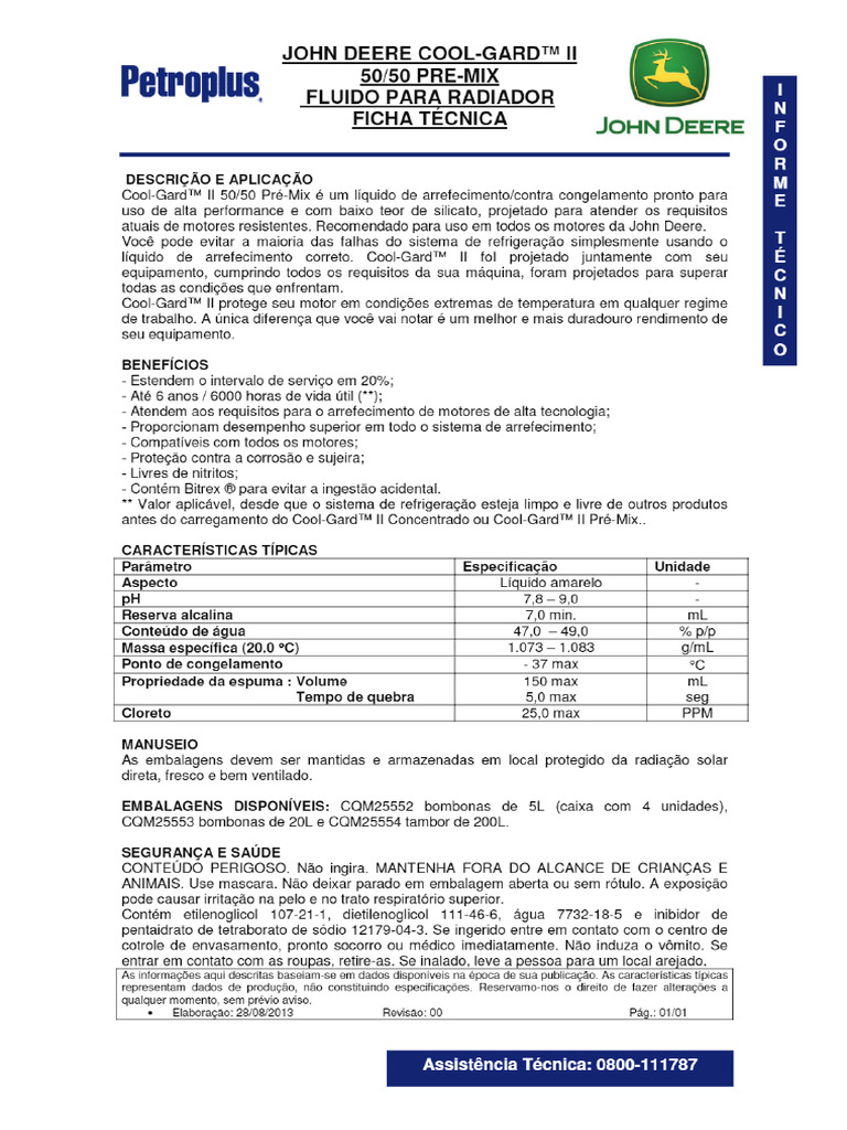 John Deere Cool-Gard™ II 50 - 50 Pre-Mix Fluido para Radiador Ficha - Luvas | PDF