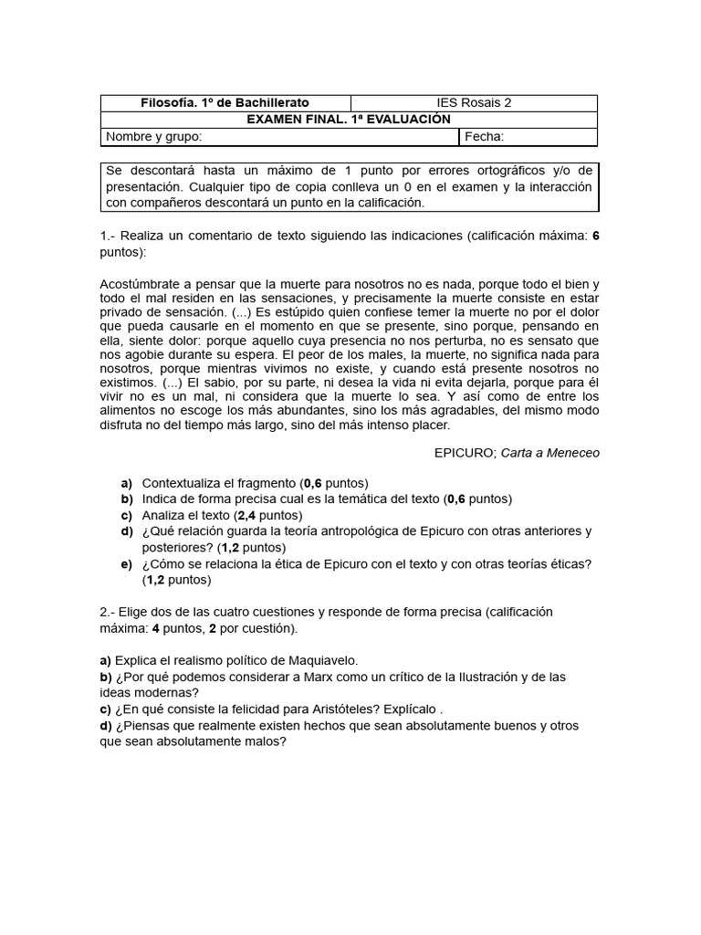 Modelo de Examen - 1 Bach Filo | PDF | Filosofía | Relaciones personales, crianza y desarrollo ...