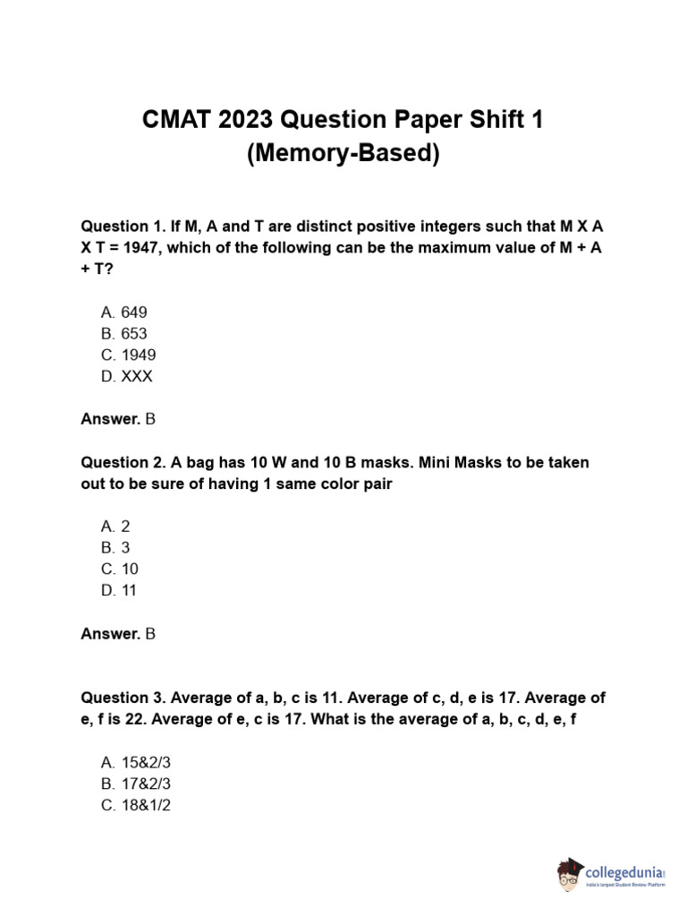 CMAT 2023 Question Paper Shift 1 | PDF | Teaching Methods & Materials ...