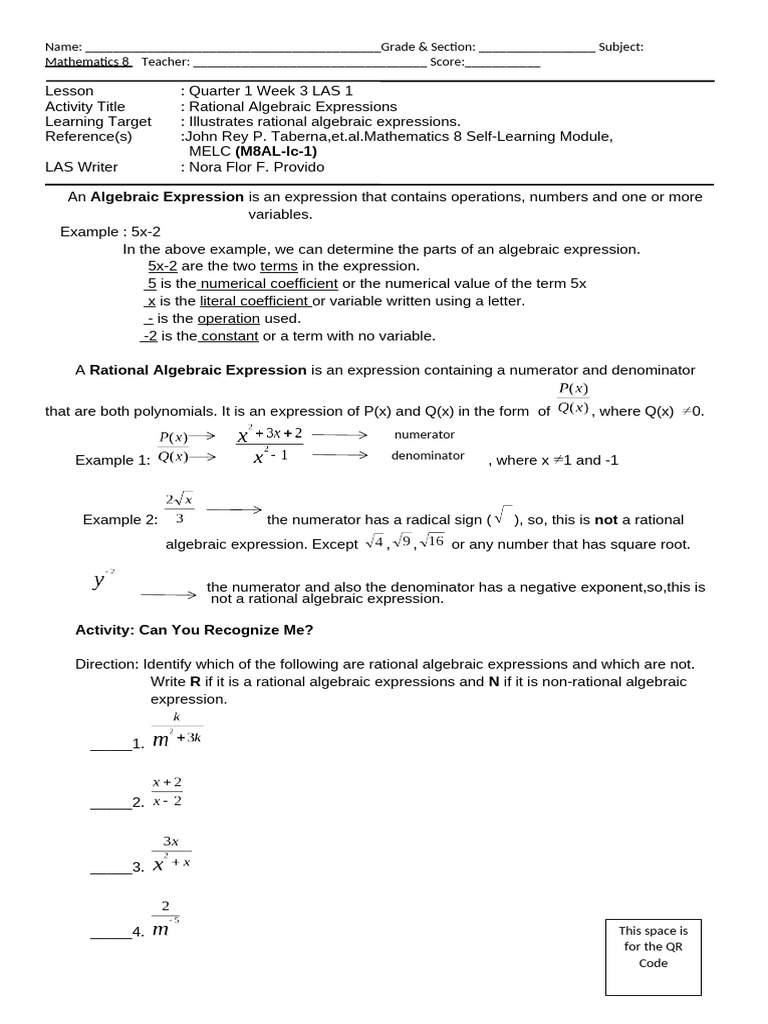 Math 8 q1 Week 3 Las 1 | PDF
