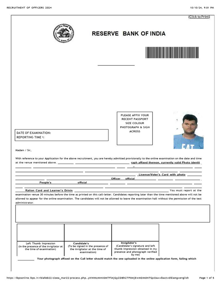 Rbi Hall Ticket-2 | PDF | Identity Document