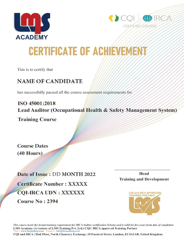 Sample Certificate OHSMS | PDF