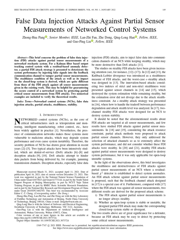 False Data Injection Attacks Against Partial Sensor Measurements Of Networked Control Systems