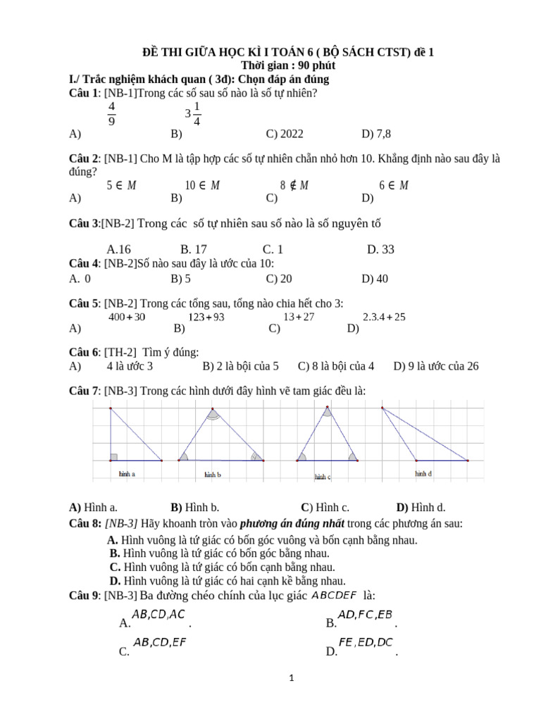 De Thi GK1 Toan 6 CTST de 1 | PDF