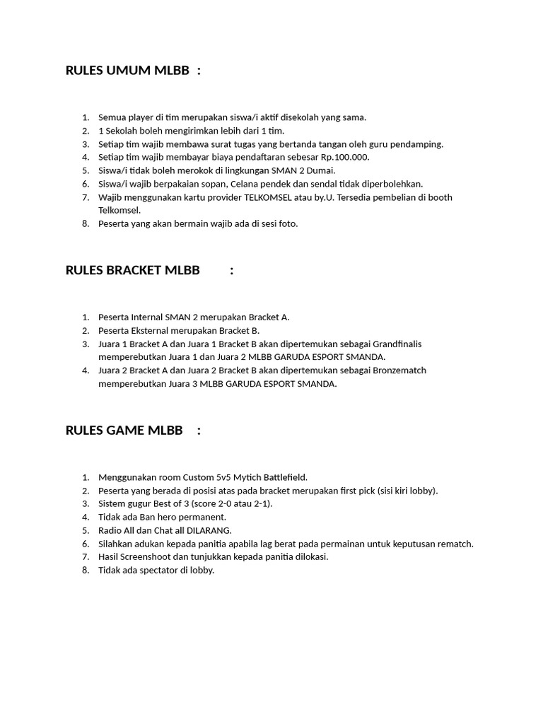 Rules, Denah, Jadwal MLBB | PDF