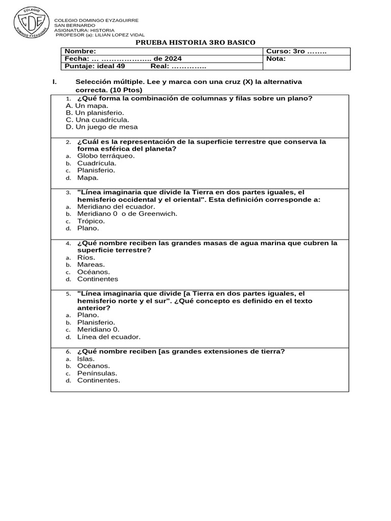PRUEBA HISTORIA 3ro Abril 2024 | PDF | Continente | Tierra