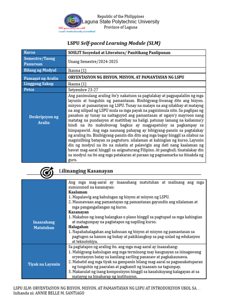 SOSLIT Modyul Blg. 1 ORYENTASYON NG BISYON MISYON AT PAMANTAYAN NG LSPU AT INTRODUKSYON UKOL SA ...