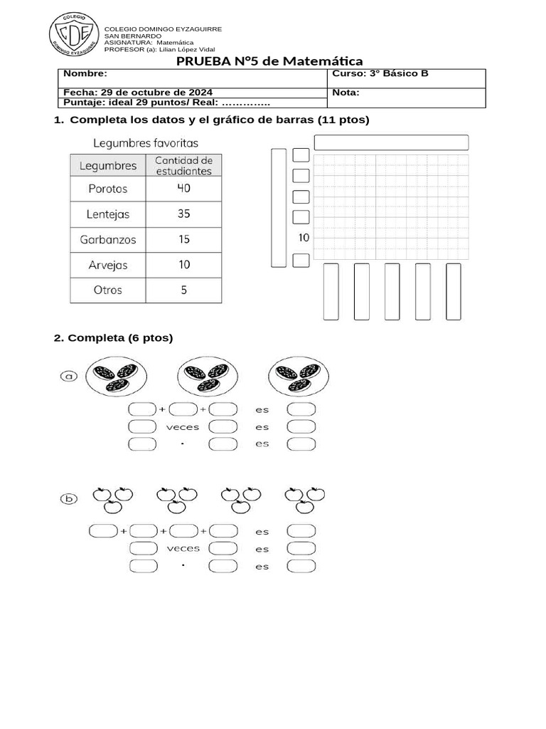PRUEBA 5 MATE 3RO Oct 2024 | PDF