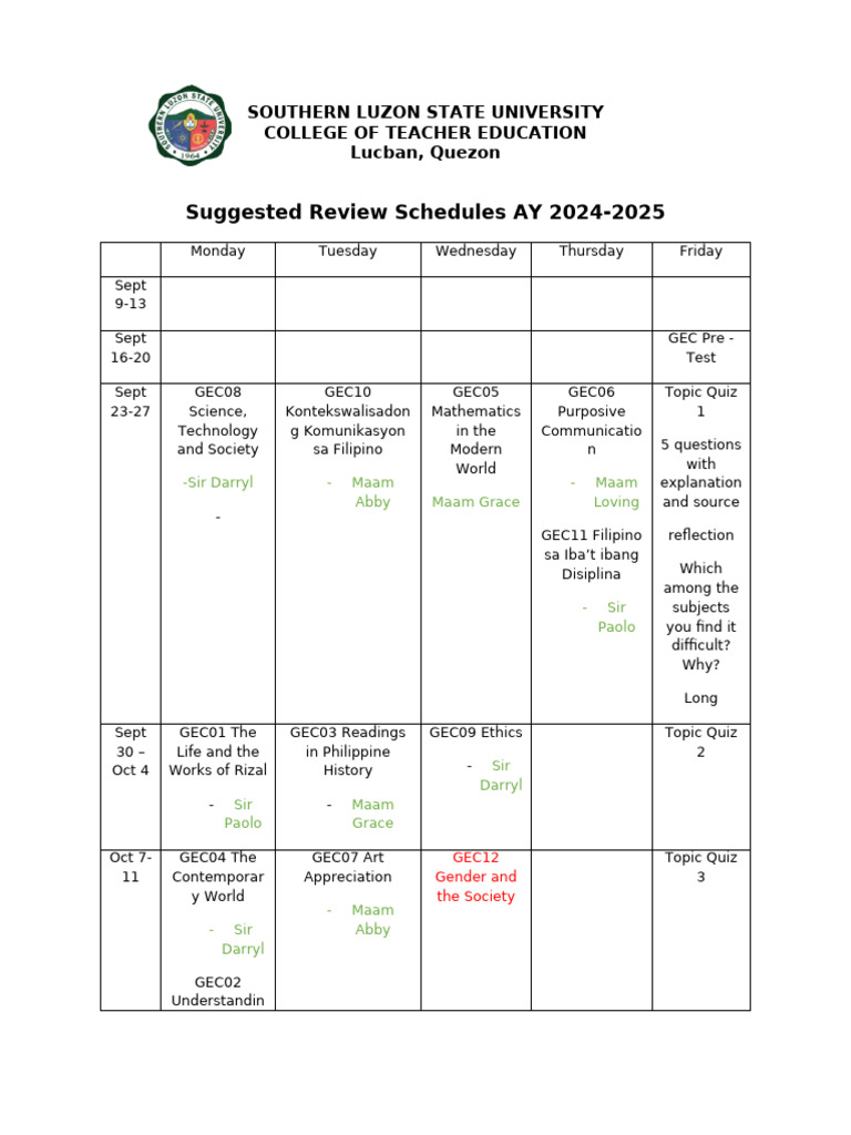 TCC01 Suggested Review Schedules GEC and PED | PDF | Cognition | Behavior Modification