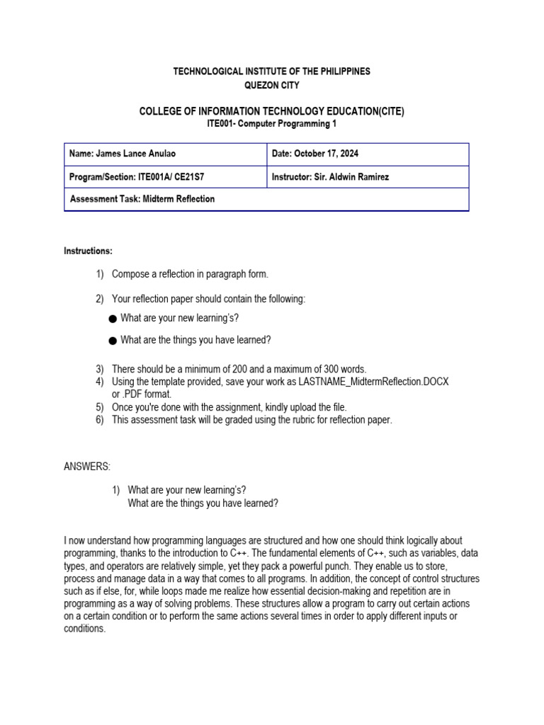 ANULAO MidtermReflection | PDF | Computer Programming | Computer Program