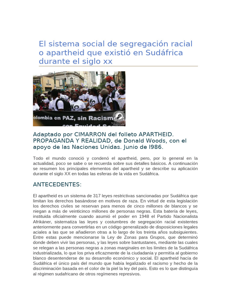 El Sistema Social de Segregacion Racial o Apartheid Que Existio en ...