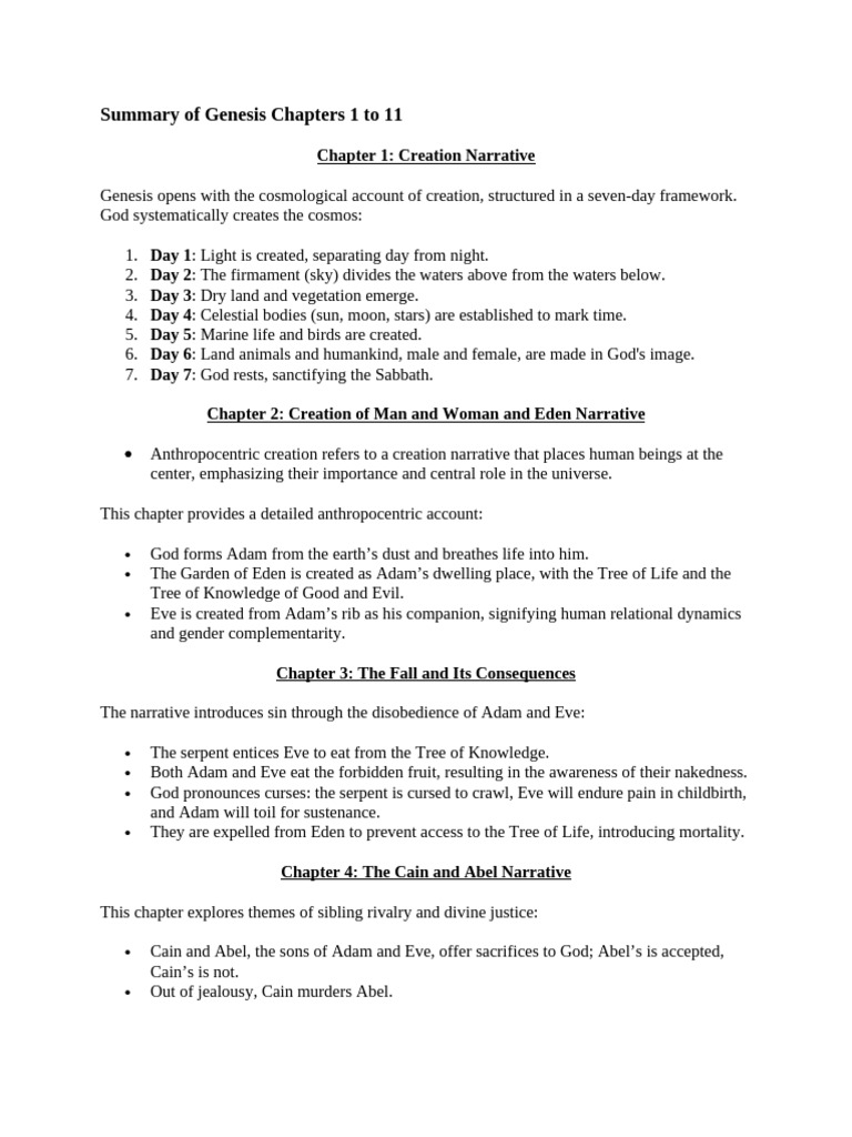 Summary of Genesis Chapters 1 To 11 | PDF | Genesis Creation Narrative ...
