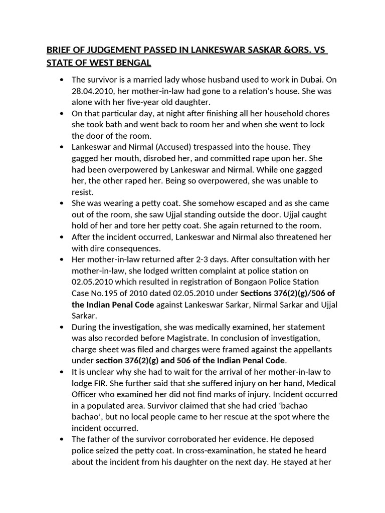 Brief of Judgement Passed in Lankeswar Saskar | PDF | Rape | Criminal Law