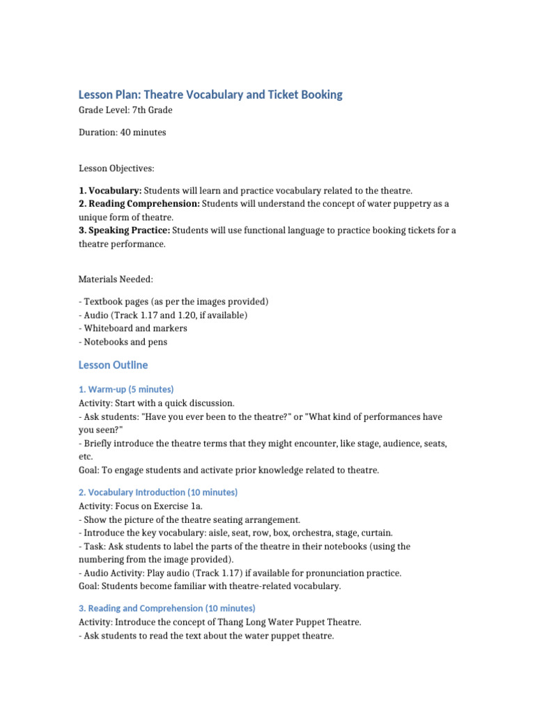 7th Grade Lesson Plan Theatre Vocabulary | PDF | Reading Comprehension ...