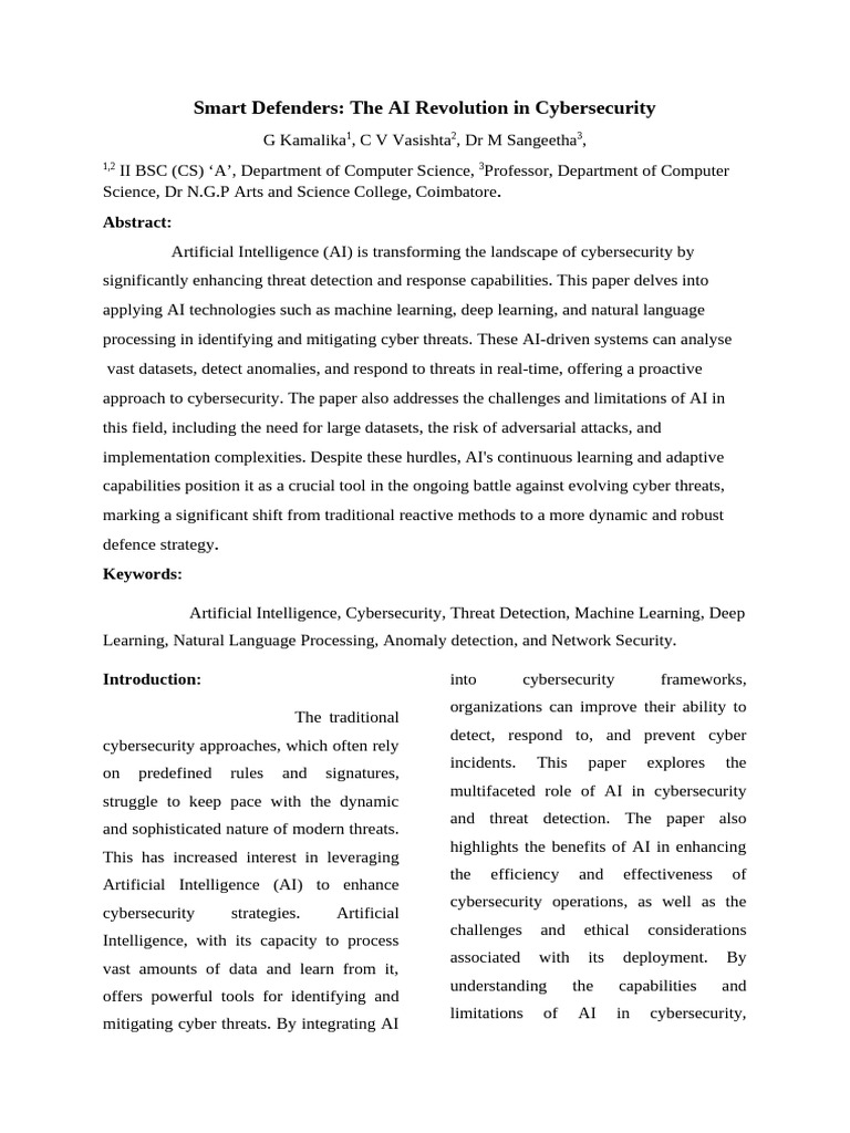 Smart Defenders: Role of Ai in Cybersecurity | PDF | Threat (Computer ...