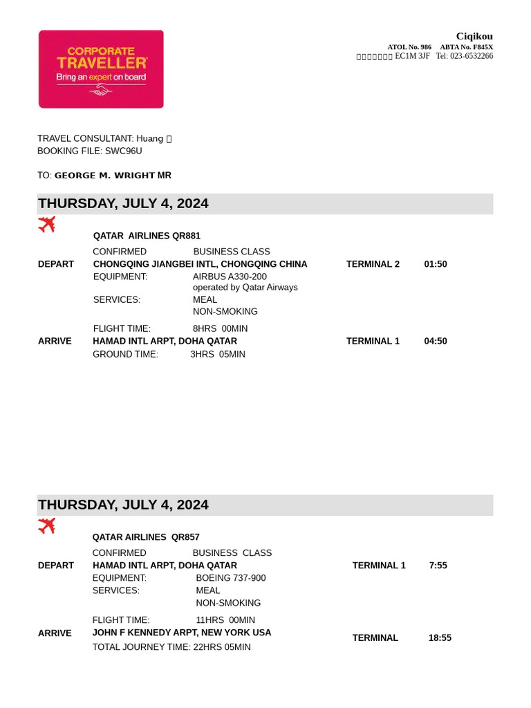 Qatar Airlines Business Class Itinerary | PDF | Business Class | Airlines