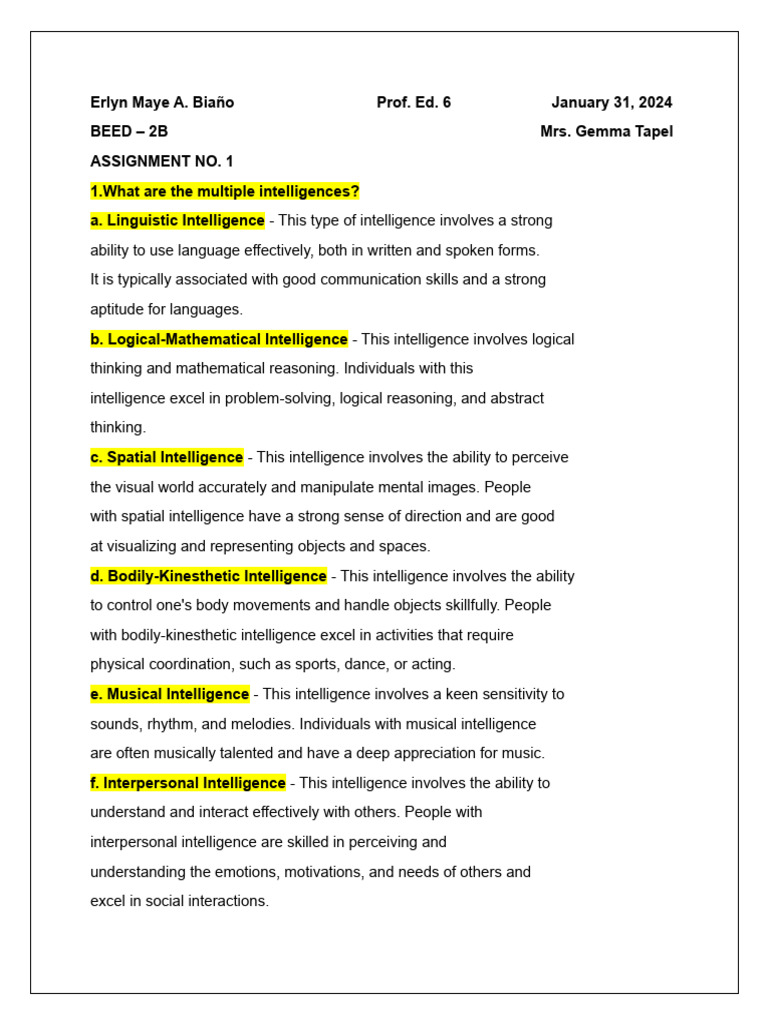 Biaño-Assignment No. 1 - Prof. Ed 6 | PDF | Educational Assessment | Intelligence