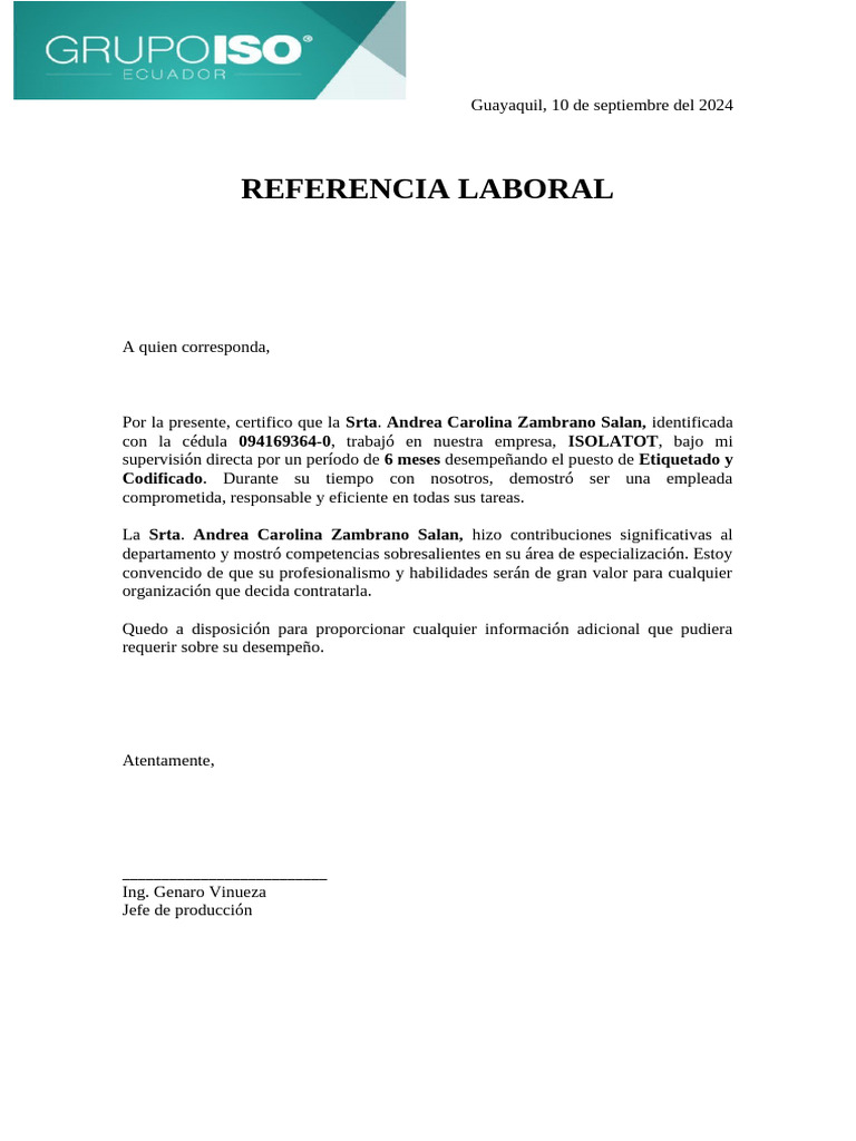 Certificado de referencia laboral ISOLATOT | PDF