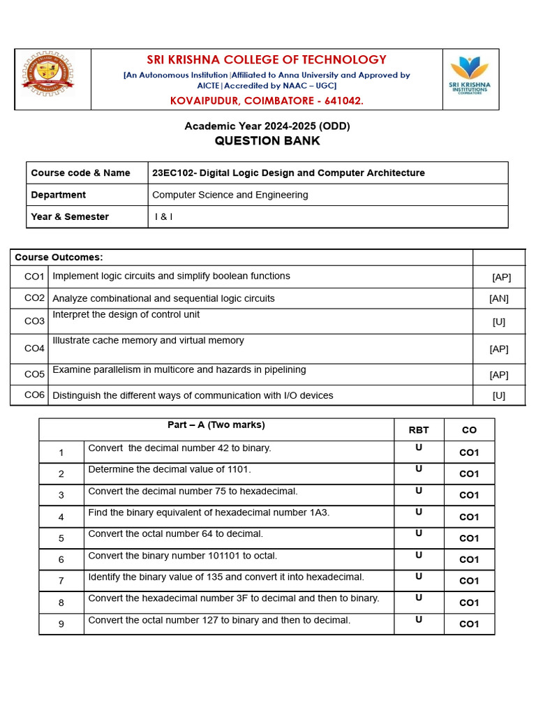 CIA 1 Question Bank Sample | PDF | Logic Gate | Boolean Algebra