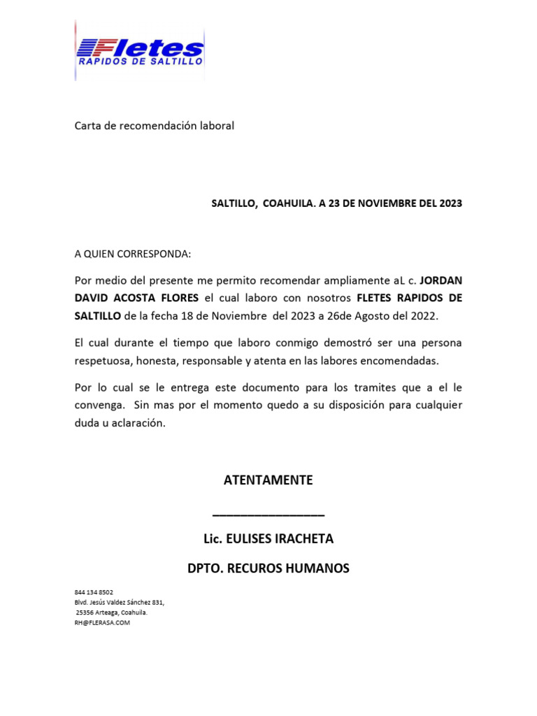 Recomendación Laboral Jordan Acosta | PDF
