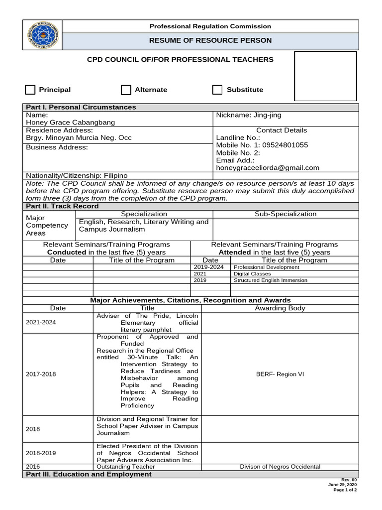 Resource Person Resume for CPD Council | PDF