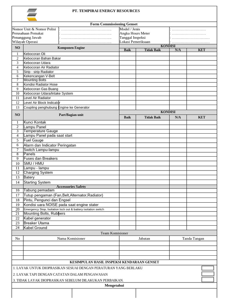 016.form Commissioning Genset | PDF | Teknologi & Rekayasa