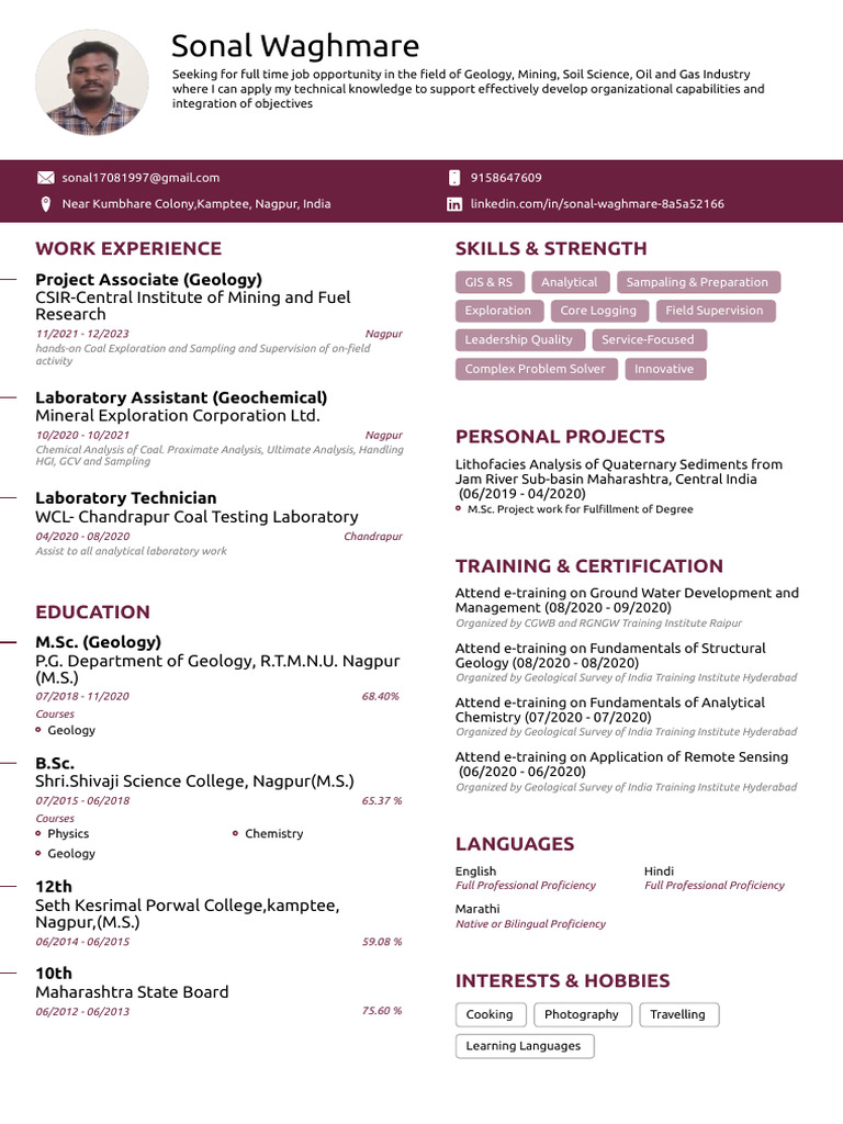 Sonal's Resume | PDF | Geology | Earth Sciences