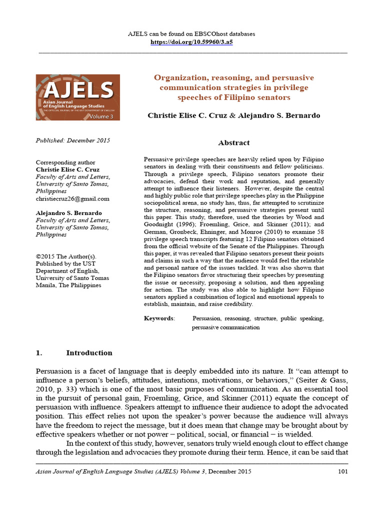 5 Organization Reasoning and Persuasive Communication Strategies in Privilege Speeches of ...