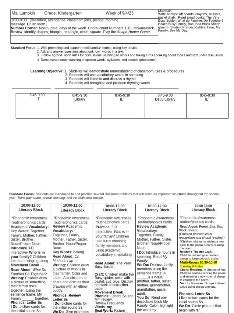 Kindergarten Weekly Lesson Plan | PDF | Phonics | Linguistics