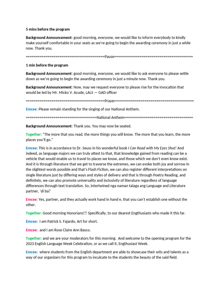 Reading Month Celebration Moderator/Emcee Script | PDF | Human ...