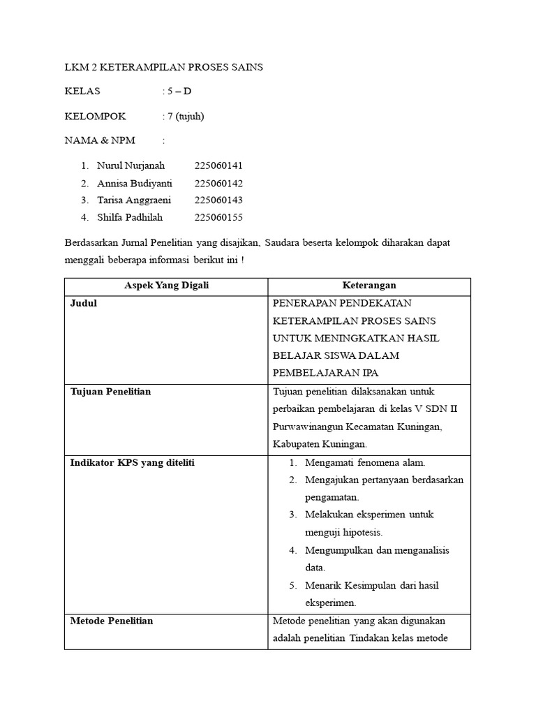 Penerapan Keterampilan Proses Sains SD | PDF
