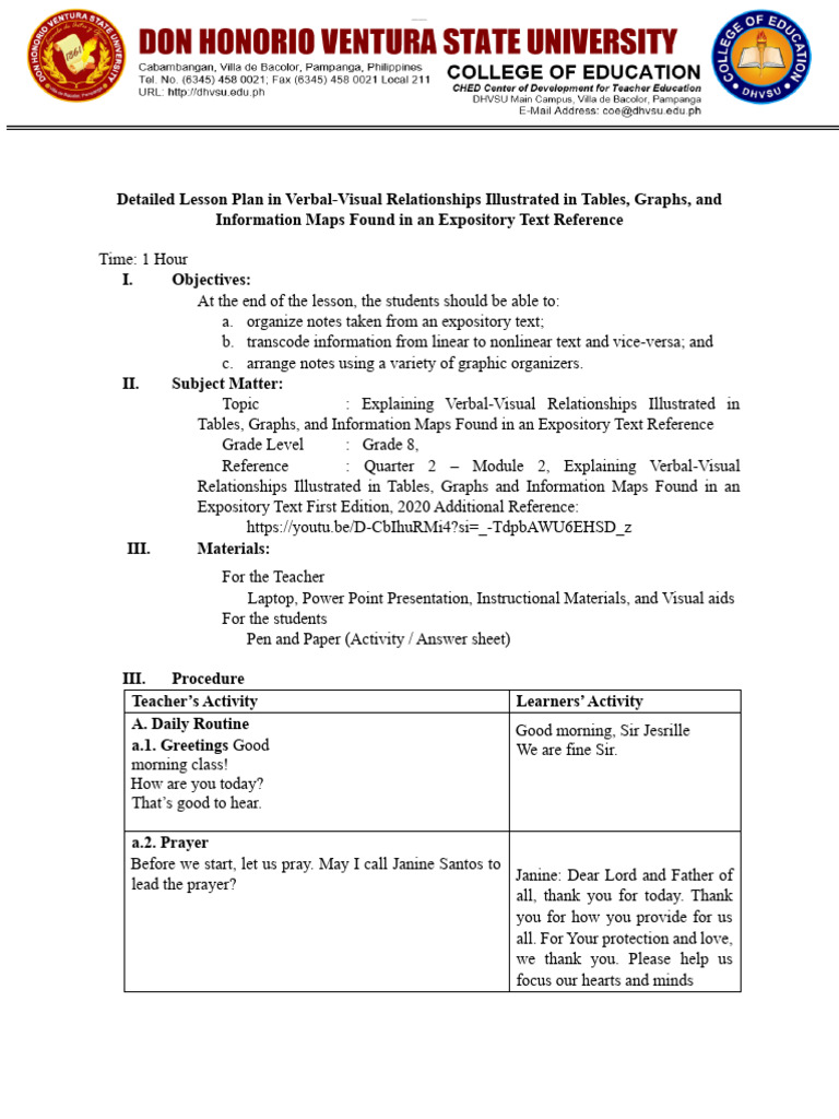 Detailed Lesson Plan in Verbal-Visual Relationships Illustrated in ...