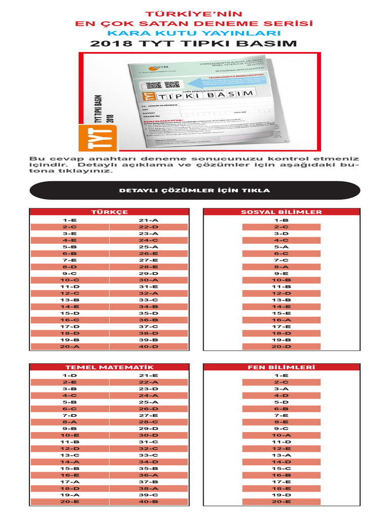 Tyt 2018 Tipki Basim Cevap Anahtari DK v1 | PDF