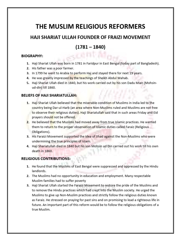 Haji Shariatullah: Faraizi Movement Founder | PDF | Religious Faiths ...