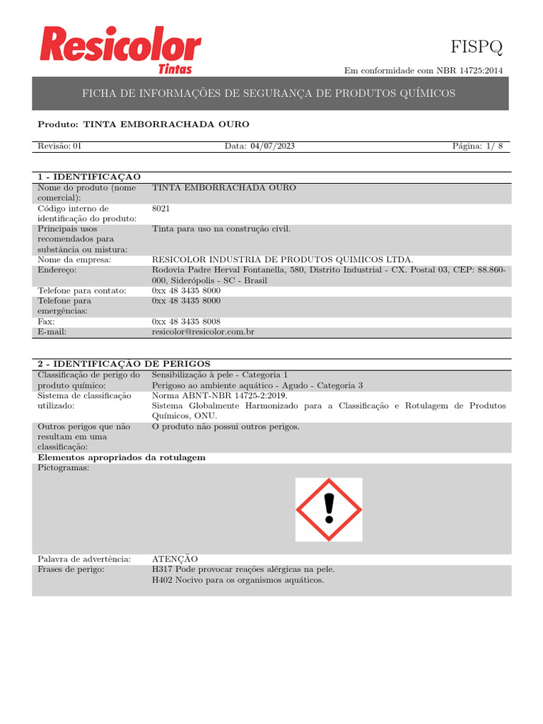 Fispq Tinta Emborrachada Branco Ouro | PDF | Embalagem e rotulagem | Dióxido de carbono