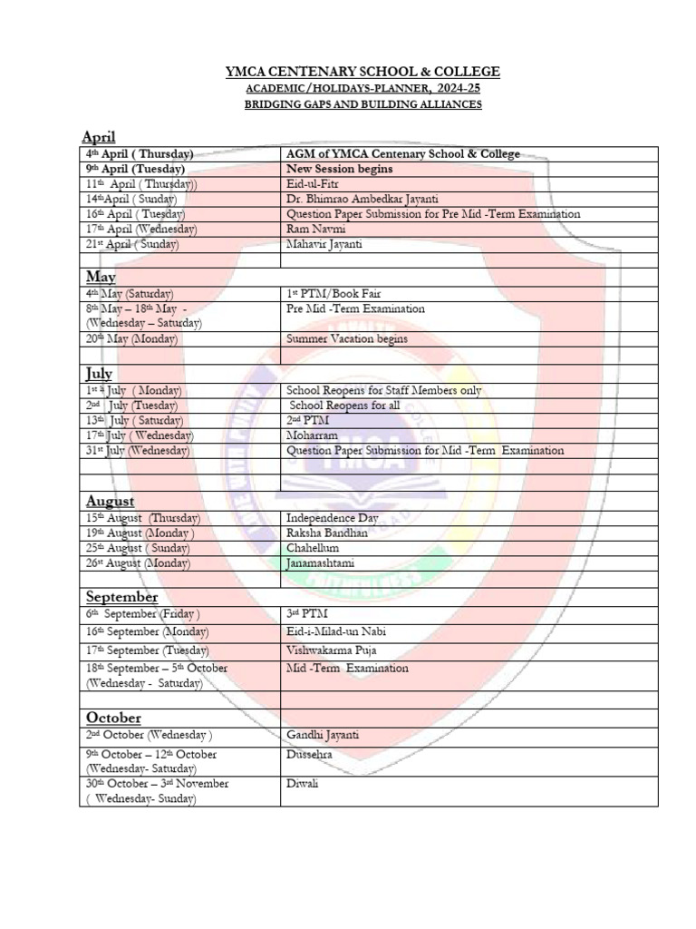 Calender Holiday 2024-25 (Ymca) | PDF | Religious Holidays | Hindu Worship