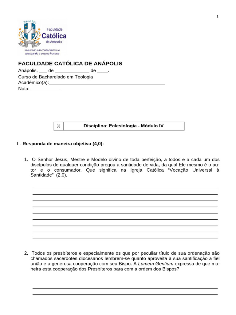 Prova - Modulo IV - Teologia EAPV | PDF | Filosofia | Religião e Espiritualidade