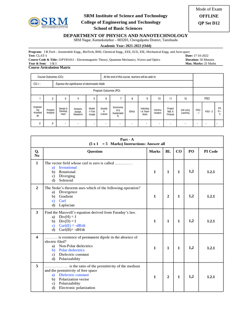 SRM Institute of Science and Technology College of Engineering and Technology School of Basic ...