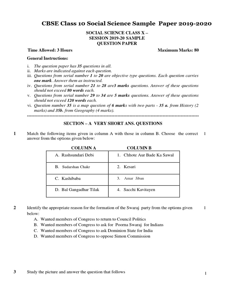 CBSE Class 10 Social Science Sample Paper - Set 3 ANS 2019 2020 | PDF ...
