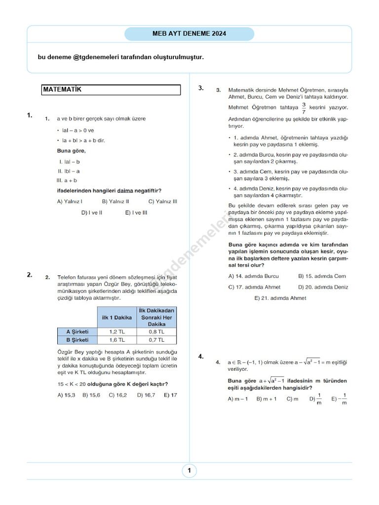 İZ PDF 2024 MEB TG AYT DENEMESİ @tgdenemeleri | PDF