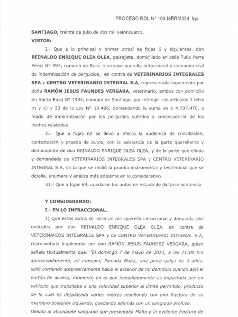 Sentencia Causa Rol 103-2024-MRR - 3er JPL Santiago | PDF | Medicina Veterinaria | Cirugía