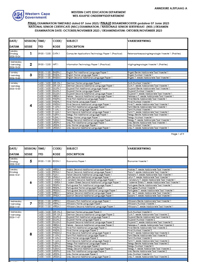 NSC Exam Timetable October 2023 | PDF | Languages | Foreign Language ...