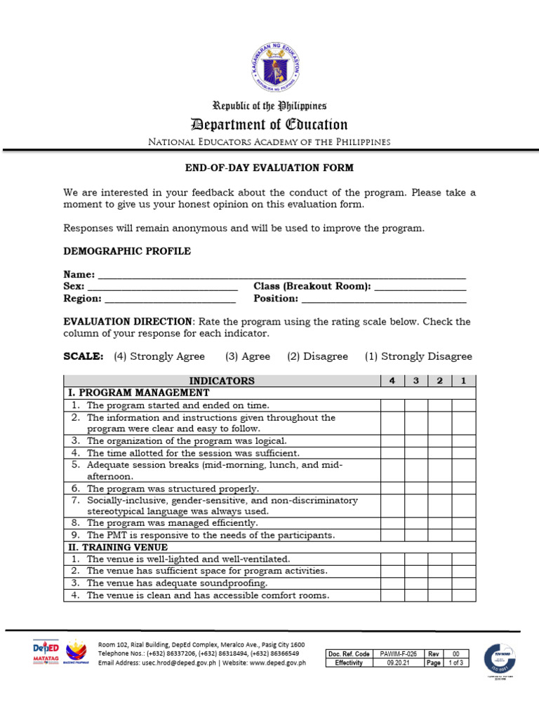 End of Day Evaluation Tool Template | PDF | Expert | Learning