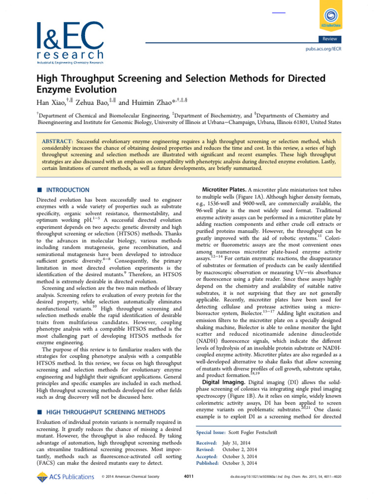 Xiao Et Al 2014 High Throughput Screening And Selection Methods For Directed Enzyme Evolution