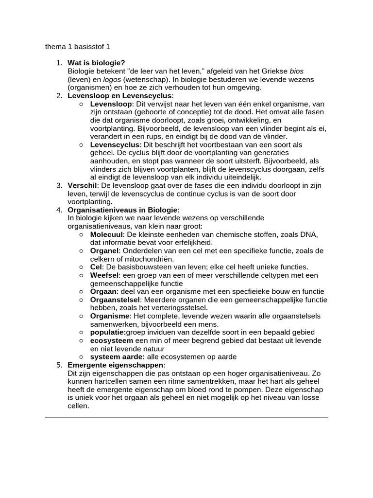 Thema 1 Biologie Toets Samenvatting | PDF