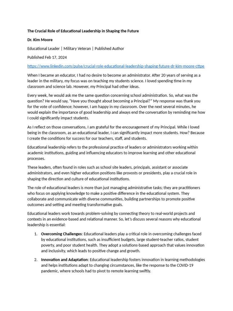 The Crucial Role of Educational Leadership in Shaping The Future | PDF ...