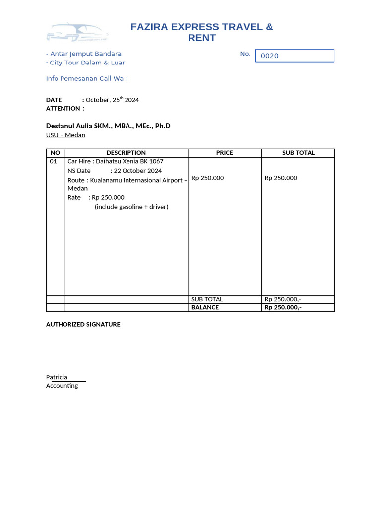 Nota Rental Mobil 6 Sept 2024 | PDF