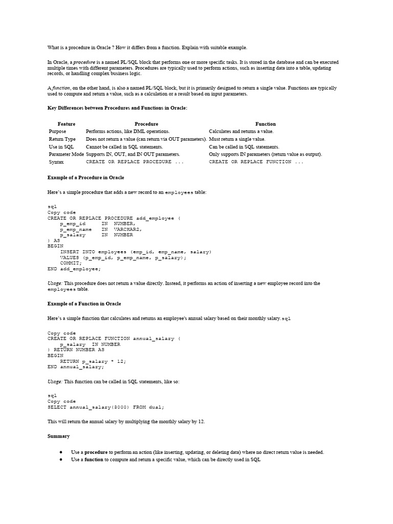 What Is A Procedure in Oracle | PDF | Parameter (Computer Programming) | Sql