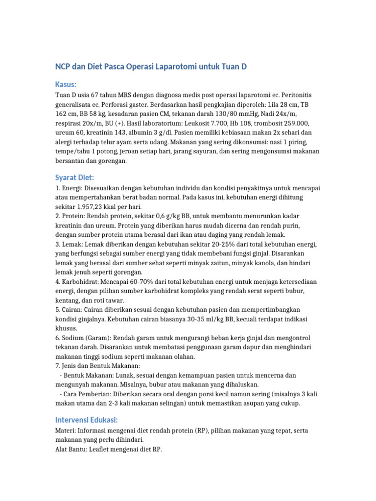 NCP Dan Diet Pasca Operasi Laparotomi Tuan D | PDF